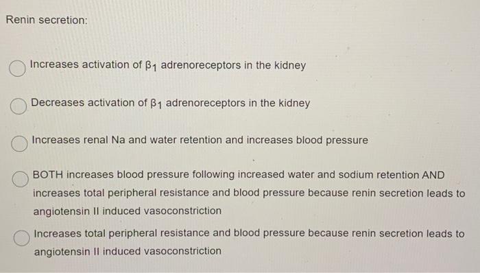 Solved Renin secretion: Increases activation of β1 | Chegg.com