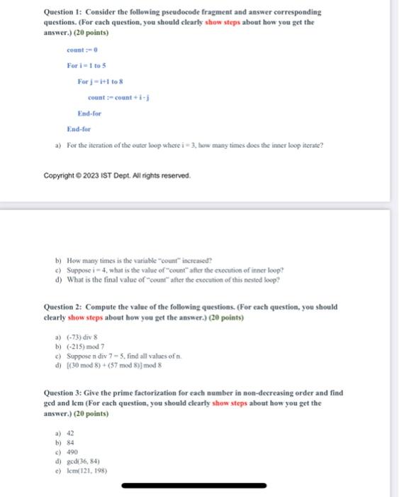 Solved Question 1: Consider the following pseudocede | Chegg.com