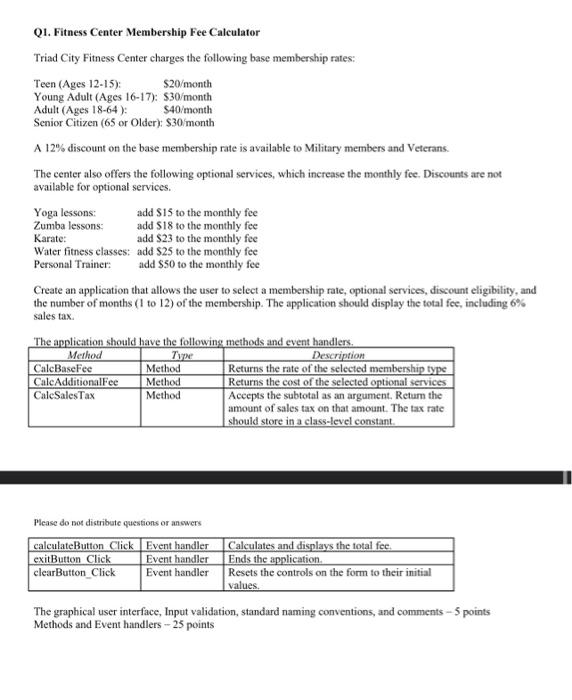 Solved Q1. Fitness Center Membership Fee Calculator Triad | Chegg.com