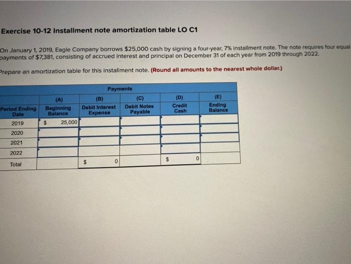 Solved Exercise 10-12 Installment note amortization table LO | Chegg.com