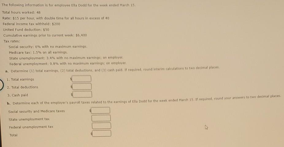 Solved The following Information is for employee Ella Dodd | Chegg.com