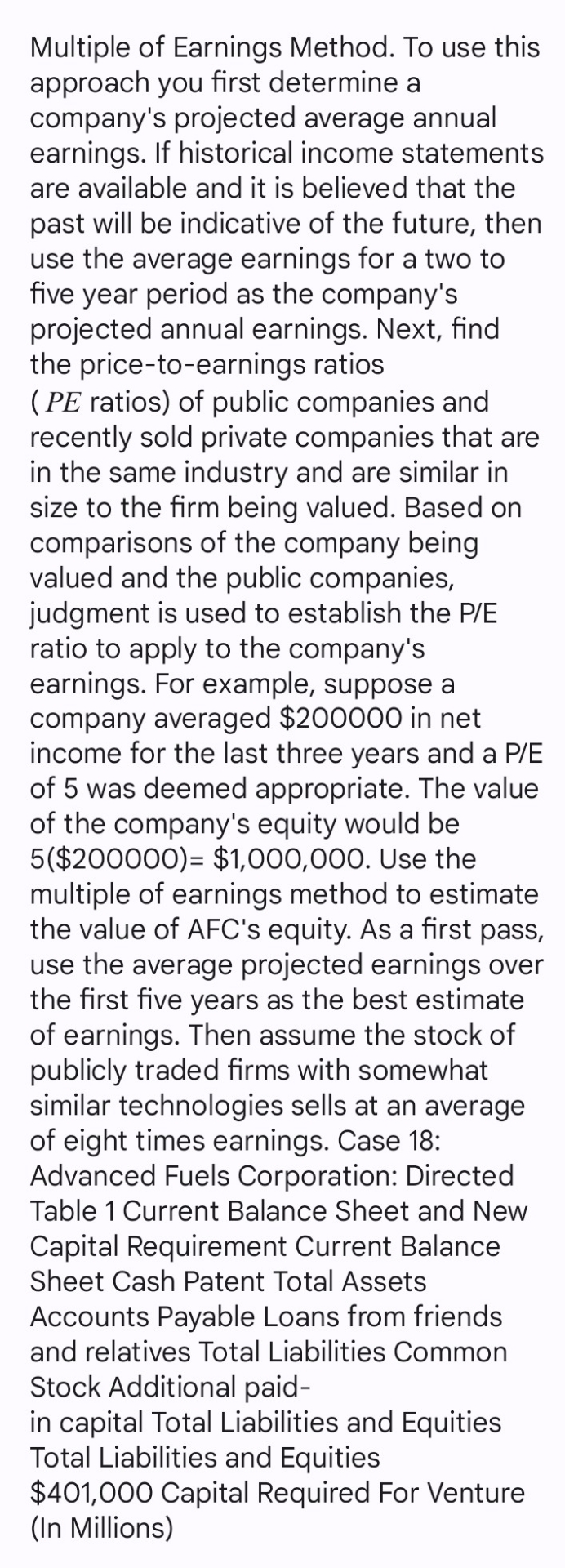 Solved Table 1Multiple of Earnings Method. To use this | Chegg.com