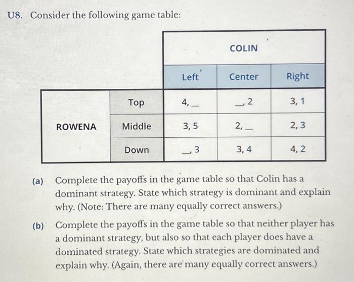Solved U8. Consider the following game table: (a) ROWENA Top | Chegg.com