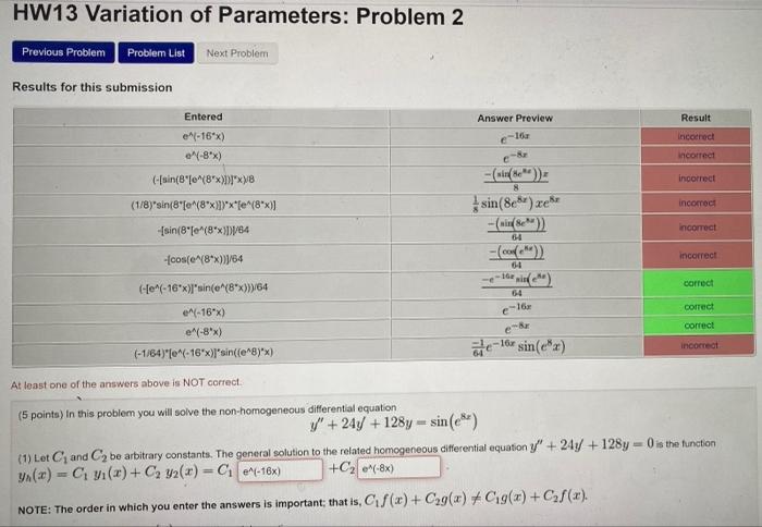 Solved HW13 Variation of Parameters: Problem 2 Previous | Chegg.com