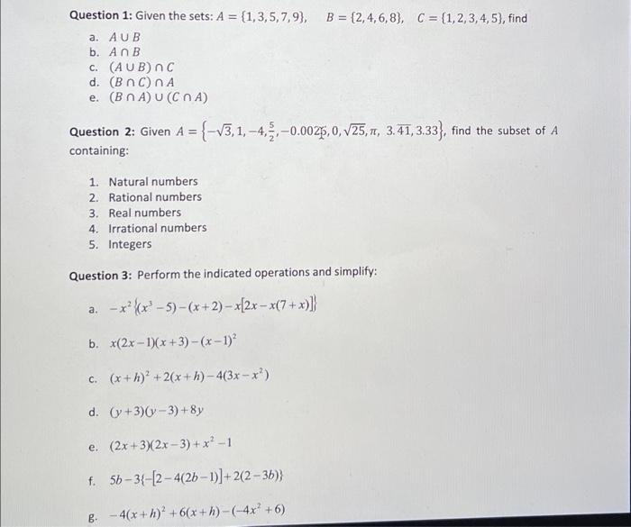 Solved Question 1: Given the sets: | Chegg.com