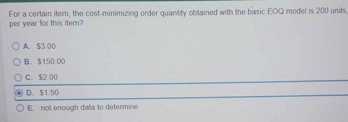 Solved For a certain item, the cost-minimizing order | Chegg.com