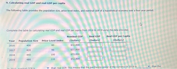 Solved 9. Calculating real GDP and real GDP per capita The | Chegg.com