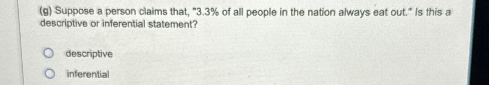 Solved (g) ﻿Suppose a person claims that, " 3.3% ﻿of all | Chegg.com