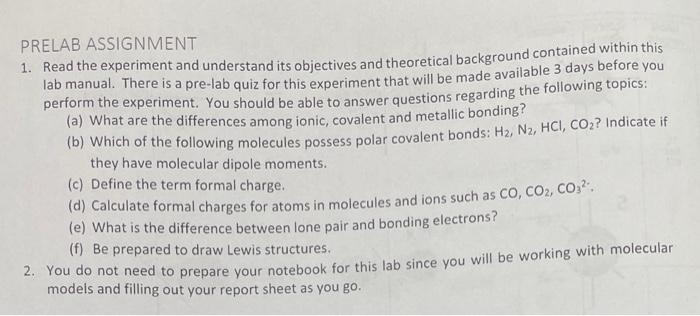 Solved PRELAB ASSIGNMENT 1. Read the experiment and | Chegg.com