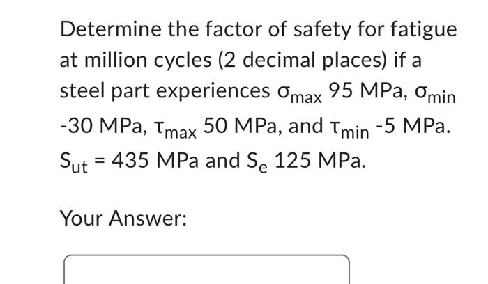 Solved Determine the factor of safety for fatigue at million | Chegg.com