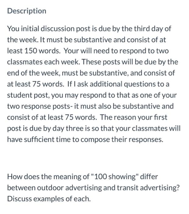 Solved Description You initial discussion post is due by the | Chegg.com