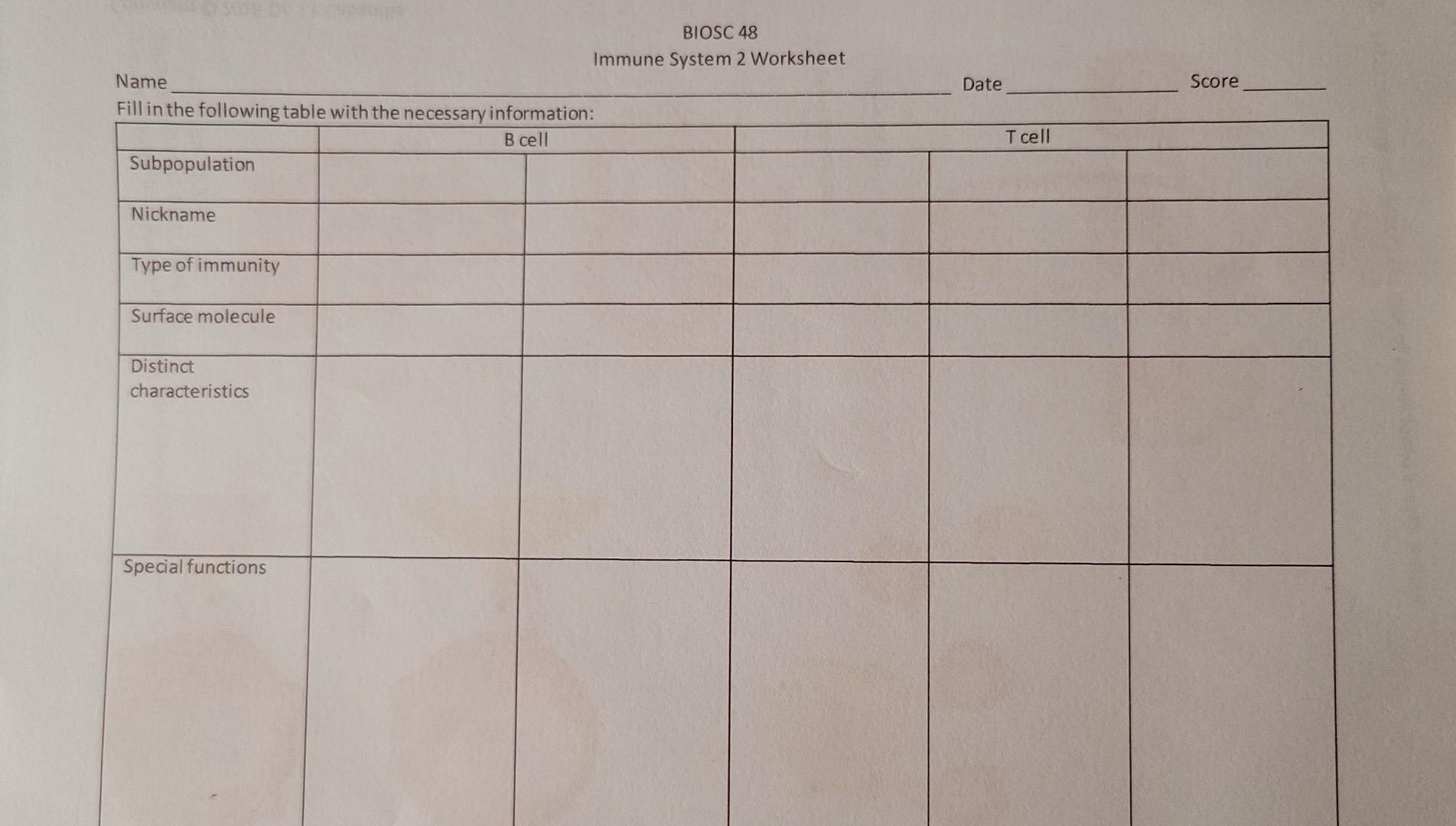 Solved BIOSC 48 Immune System 2 Worksheet Name Fill in the | Chegg.com