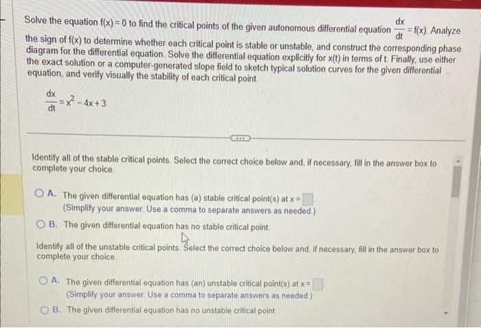 Solved Solve the equation f(x)=0 to find the critical points | Chegg.com
