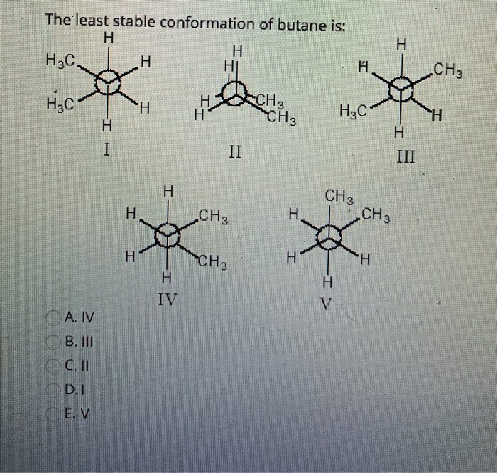 Solved The least stable conformation of butane is: H H H2C H | Chegg.com