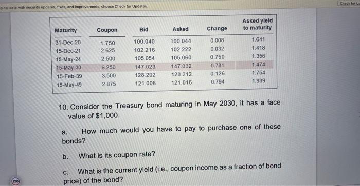 Solved 10. Consider the Treasury bond maturing in May 2030, | Chegg.com