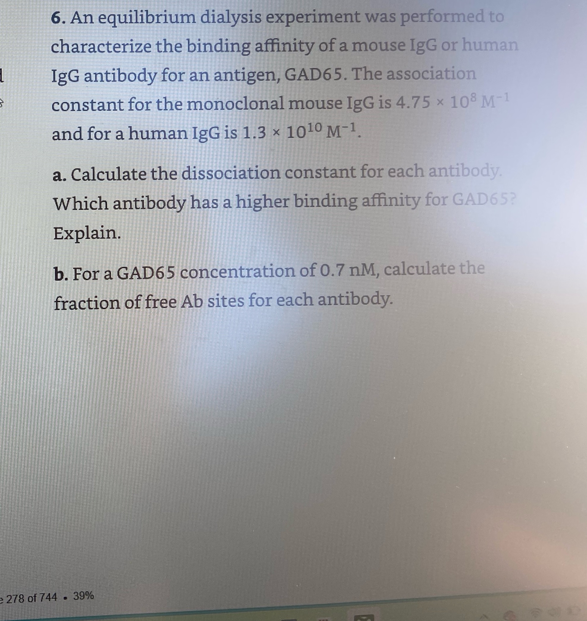 Solved An equilibrium dialysis experiment was performed to | Chegg.com