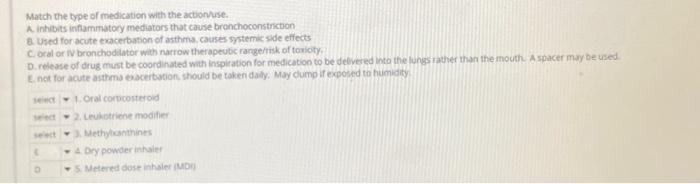 Solved Match the bpe of medication with the actionuse. A | Chegg.com