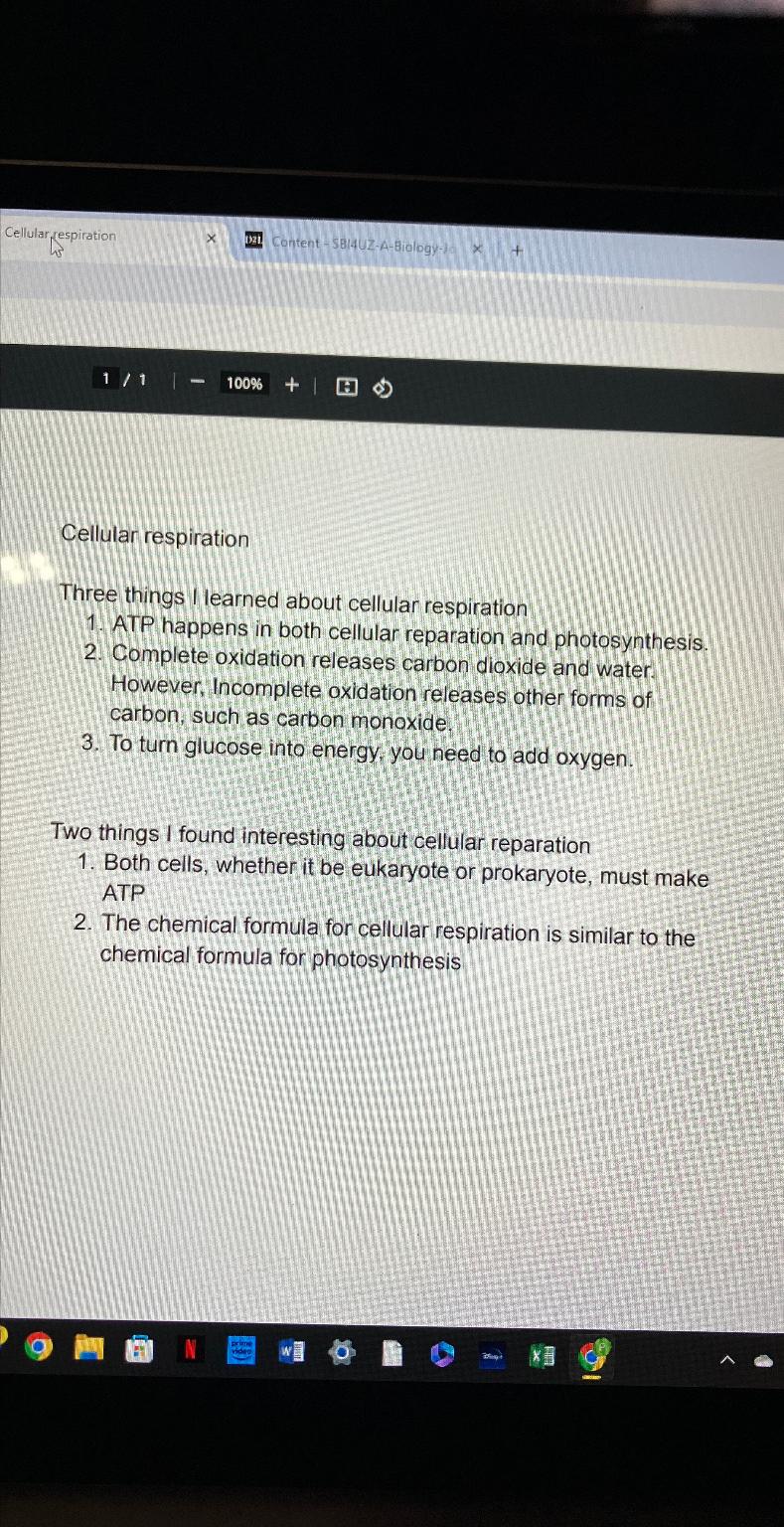 Solved 11100%()Cellular respirationThree things / ﻿learned | Chegg.com