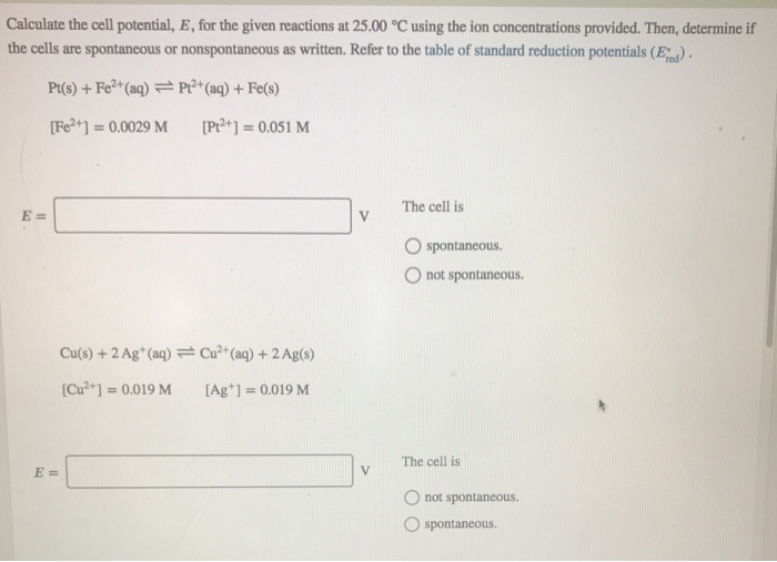 Solved Calculate The Cell Potential E For The Given