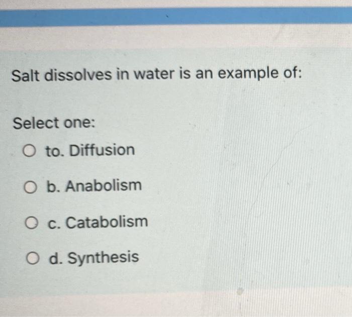 Solved Salt dissolves in water is an example of: Select one: | Chegg.com