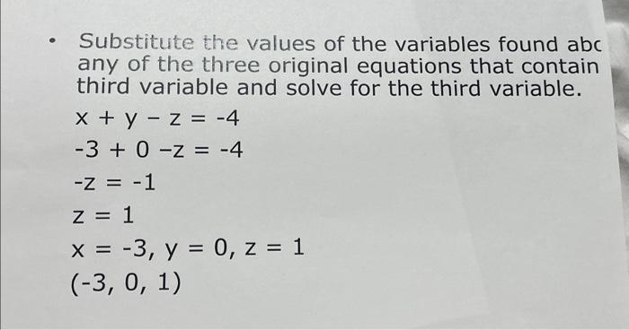 Solved Solve. x+y−z=−42x−y−z=−7x+6y+2z=−1 Solution: | Chegg.com