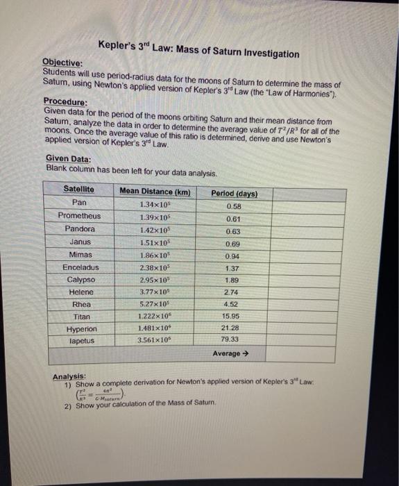 Solved Kepler's 3rd Law: Mass of Saturn Investigation | Chegg.com