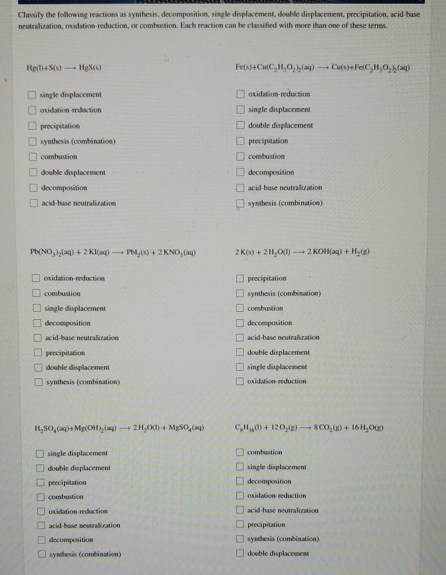 Solved Classify the following reactions as synthesis, | Chegg.com