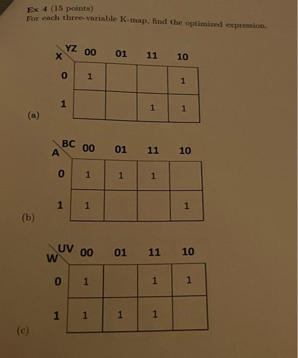 Solved Ex 4 (15 points) For each three-variable K-map, find | Chegg.com