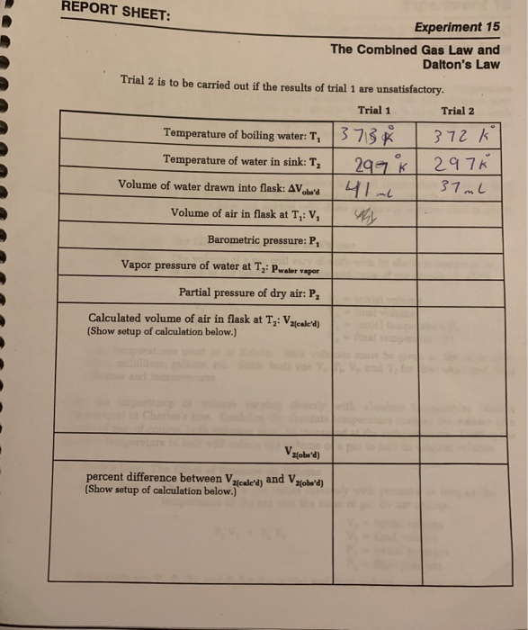 Solved REPORT SHEET: Experiment 15 The Combined Gas Law and | Chegg.com