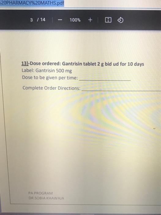 Solved 520PHARMACY%20MATHS.pdf 3 / 14 100% + 13)-Dose | Chegg.com