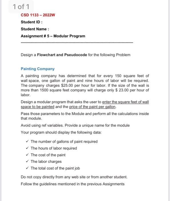 Solved 1 of 1 CSD 1133 - 2022W Student ID : Student Name: | Chegg.com
