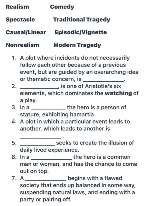 Solved Realism Comedy Spectacle Traditional Tragedy | Chegg.com