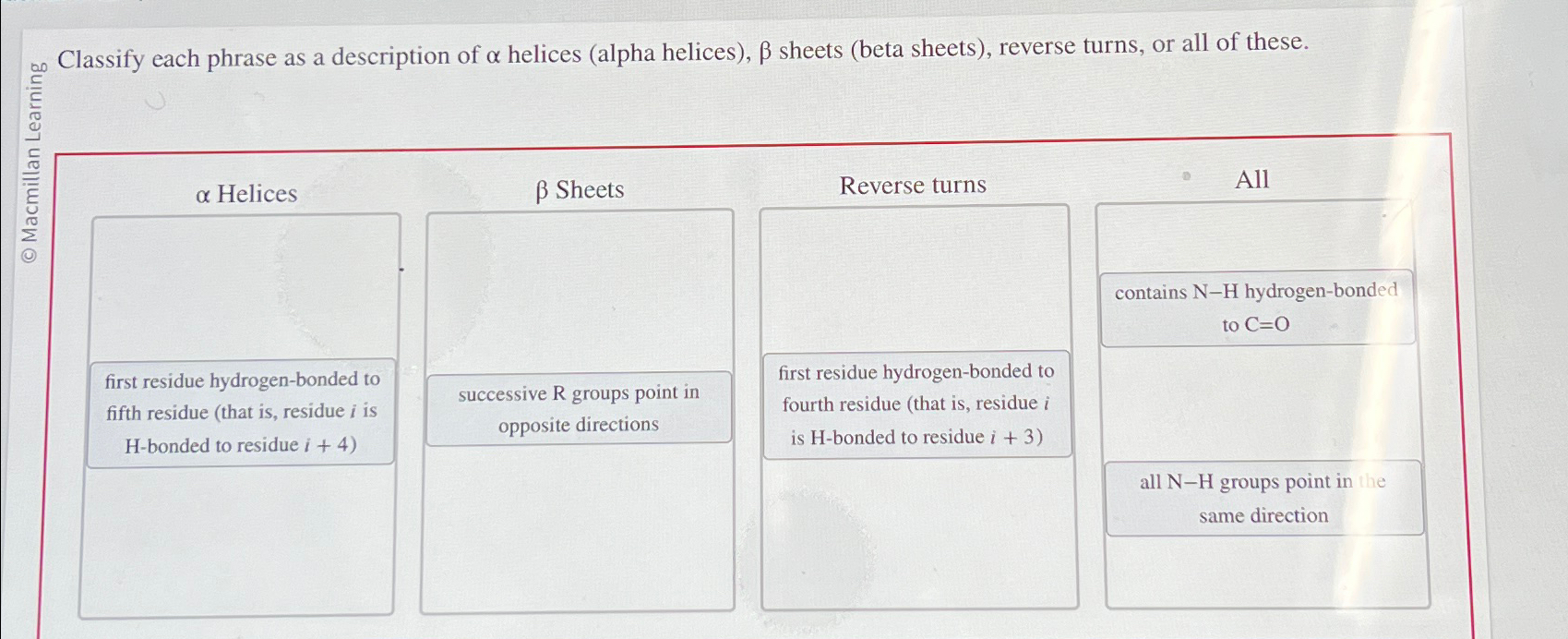 Solved Classify each phrase as a description of α ﻿helices | Chegg.com