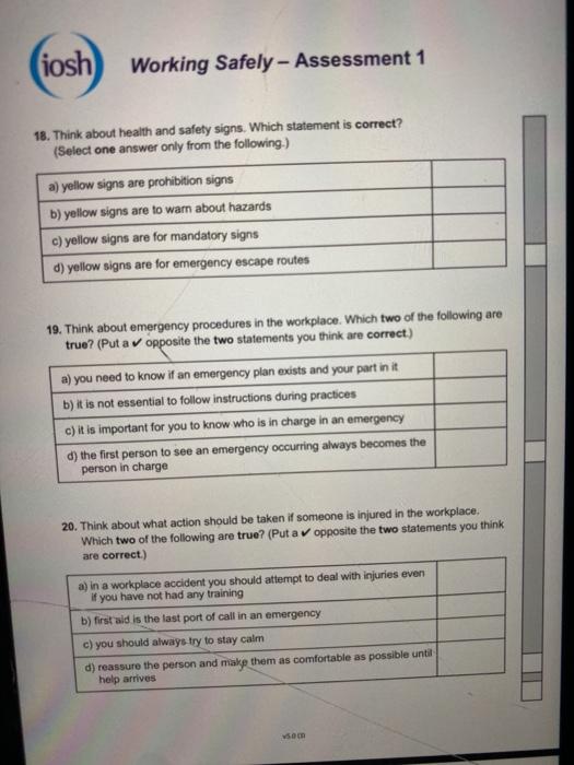 Solved iosh Working Safely - Assessment 1 15. Think about | Chegg.com