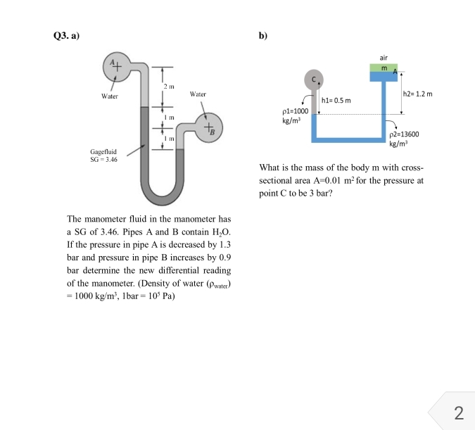 Solved Q3. ﻿a)b)The manometer fluid in the manometer has a | Chegg.com