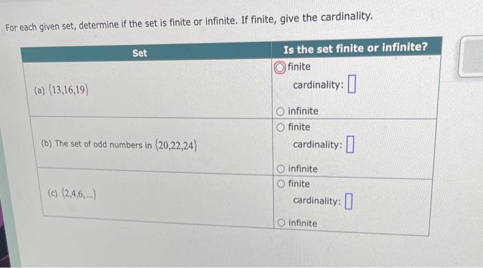 Solved For each given set, determine if the set is finite or | Chegg.com