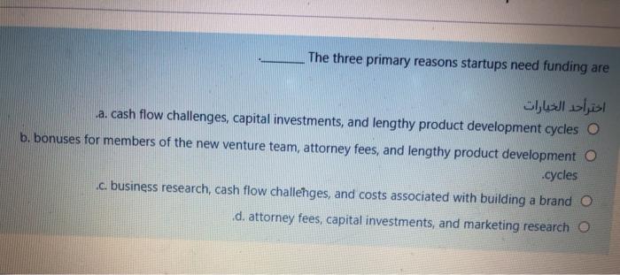 Solved The three primary reasons startups need funding are | Chegg.com Solved The three primary reasons startups need funding are | Chegg.com