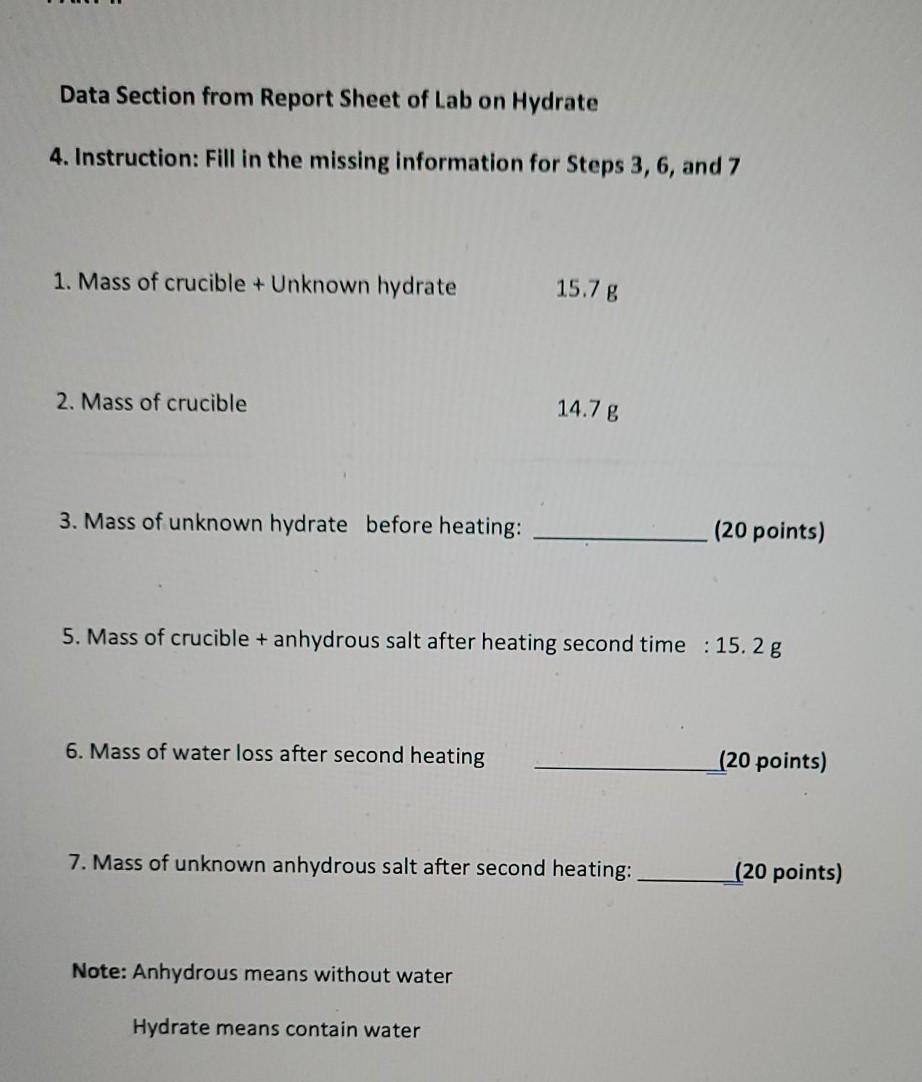 Solved Data Section from Report Sheet of Lab on Hydrate 4. | Chegg.com