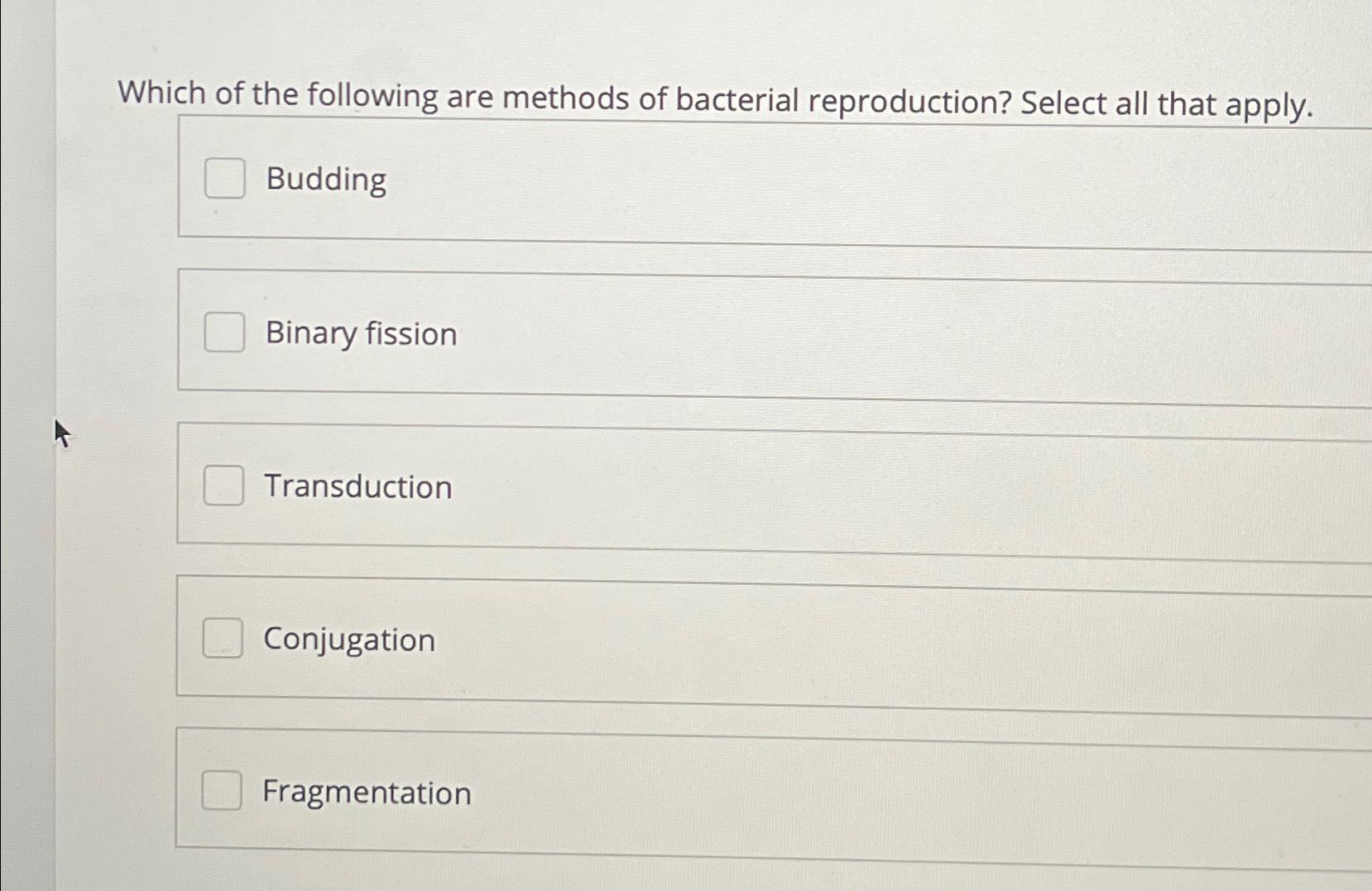 Solved Which of the following are methods of bacterial | Chegg.com