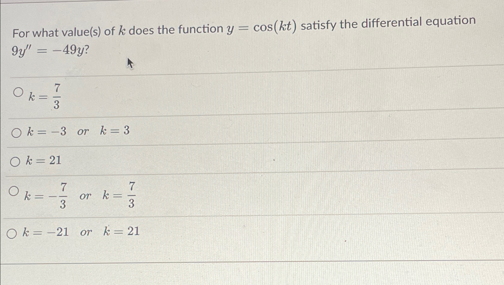Solved For what value(s) ﻿of k ﻿does the function y=cos(kt) | Chegg.com