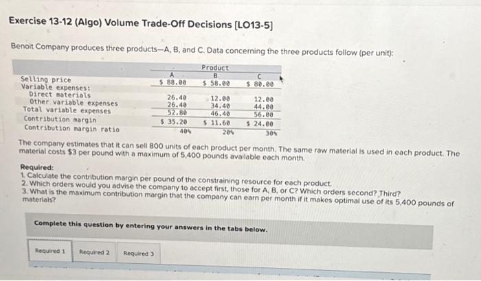 Solved xercise 13-12 (Algo) Volume Trade-Off Decisions | Chegg.com
