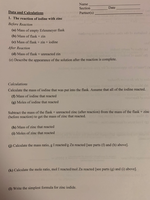 Name Section Date Data and Calculations Partner(s) 1. | Chegg.com