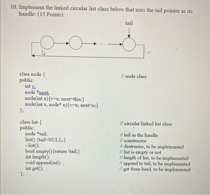 Solved 10. Implement the linked circular list class below | Chegg.com