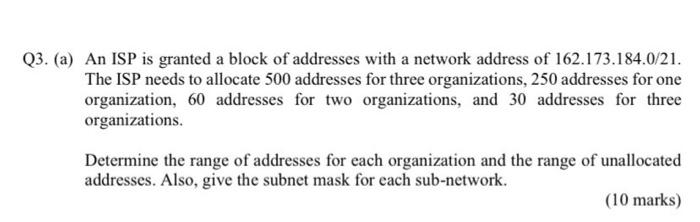 Solved Q3. (a) An ISP is granted a block of addresses with a | Chegg.com