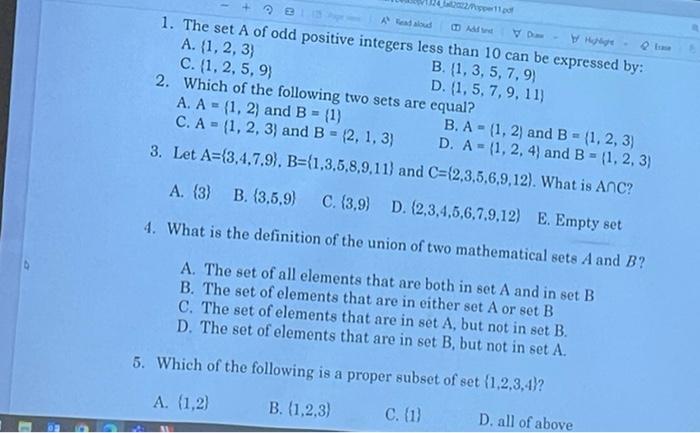 Solved 1. The set A of odd positive integers less than 10 | Chegg.com
