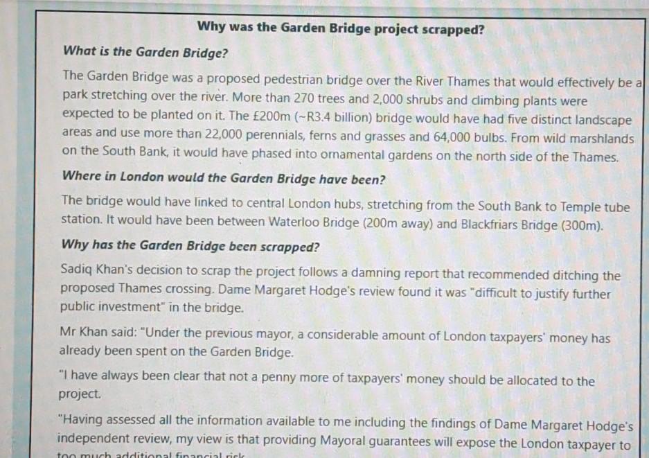 Solved Why was the Garden Bridge project scrapped? What is | Chegg.com