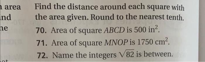 Solved Find the distance around each square with the area | Chegg.com