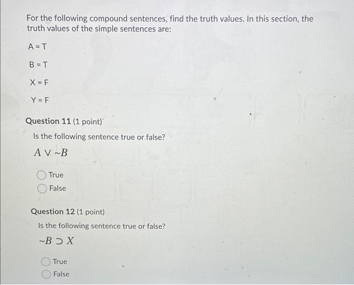 Solved For the following compound sentences, find the truth | Chegg.com
