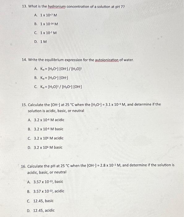 Solved 13. What is the hydronium concentration of a solution | Chegg.com