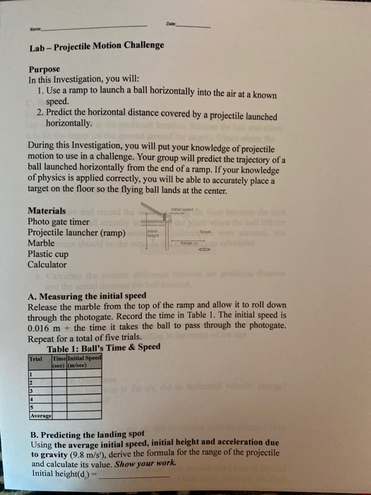 Lab - Projectile Motion Challenge Purpose In this | Chegg.com